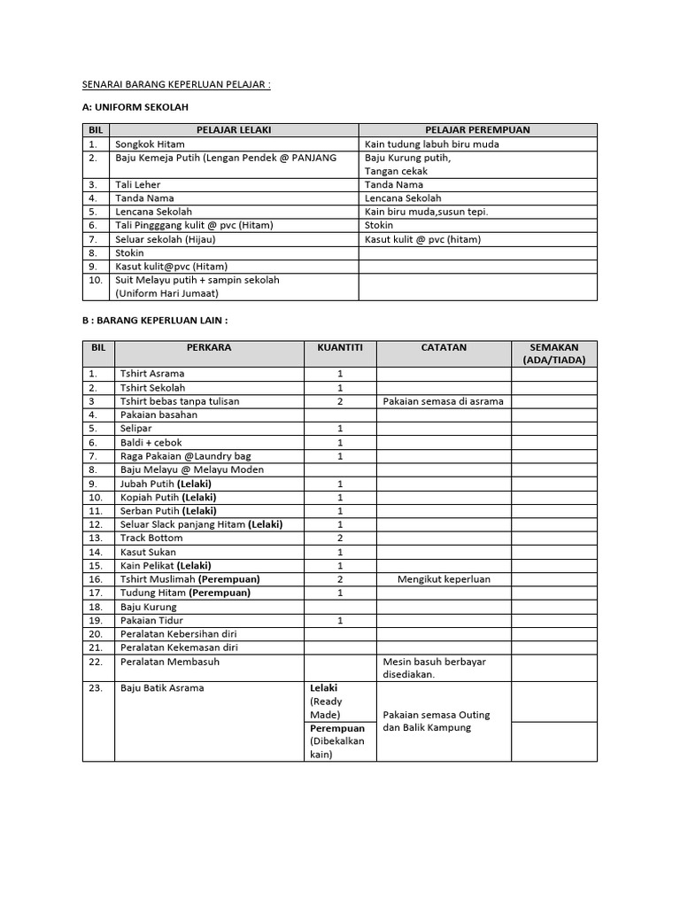 Senarai Barang Keperluan | PDF