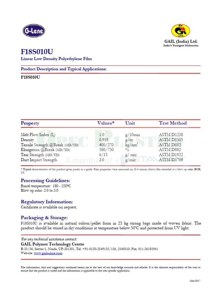LLDPE Film F18S010U Specifications | PDF | Extrusion | Polyethylene