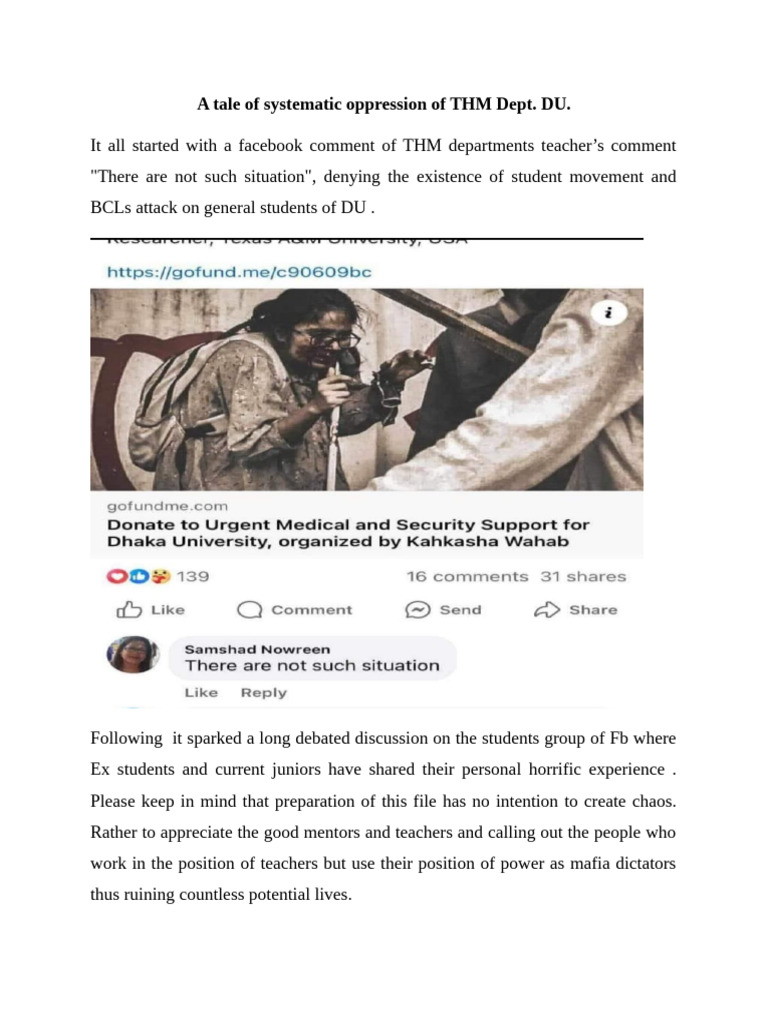 A Tale of Systematic Oppression of THM Dept. DU | PDF