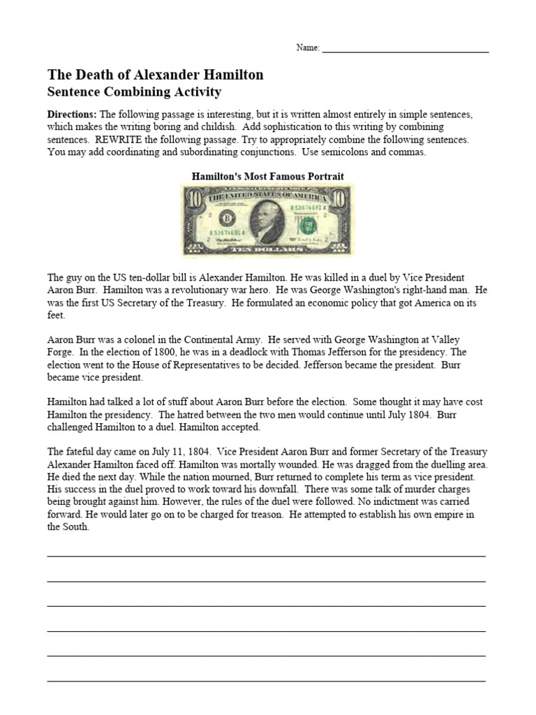 Death of Hamilton Sentence Combining | PDF | Alexander Hamilton ...