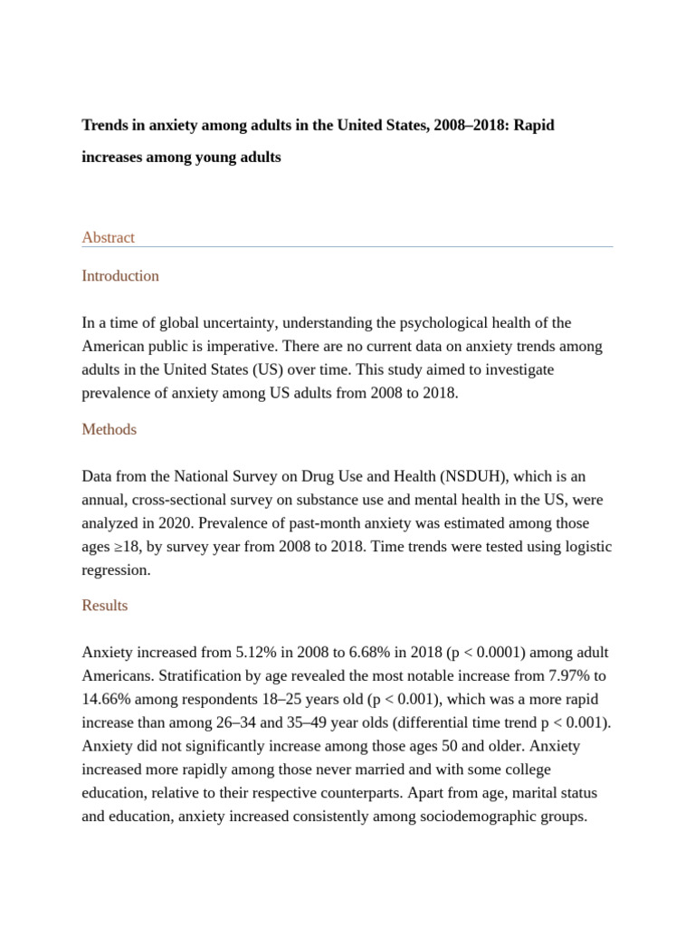 Rising Anxiety Trends in US Adults (2008-2018) | PDF | Mental Health ...