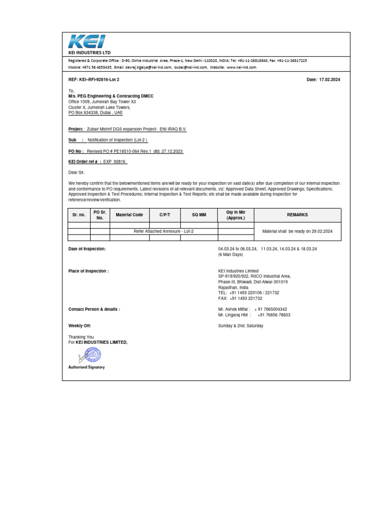 KEI Industries Inspection Notification | PDF
