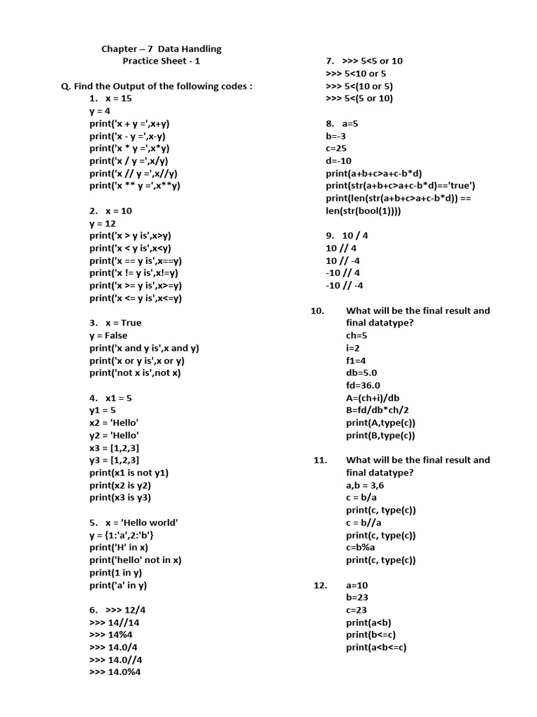 CHAPTER - 7 Data Handling Practice Sheet - 1 | PDF