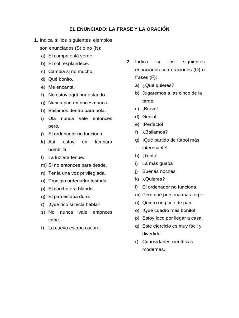 Ejercicios sobre enunciados y oraciones | PDF
