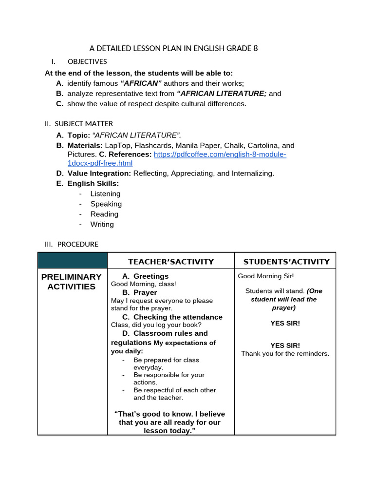 Grade 8 Detailed Lesson Plan: African Literature | PDF | Lesson Plan