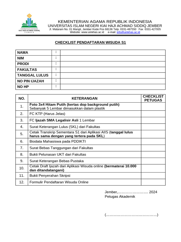 Ceklist Pendaftaran Wisuda | PDF