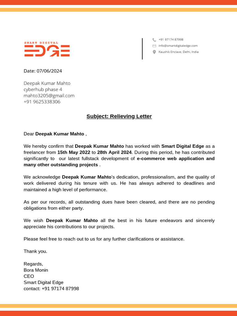 Relieving Letter Deepak | PDF