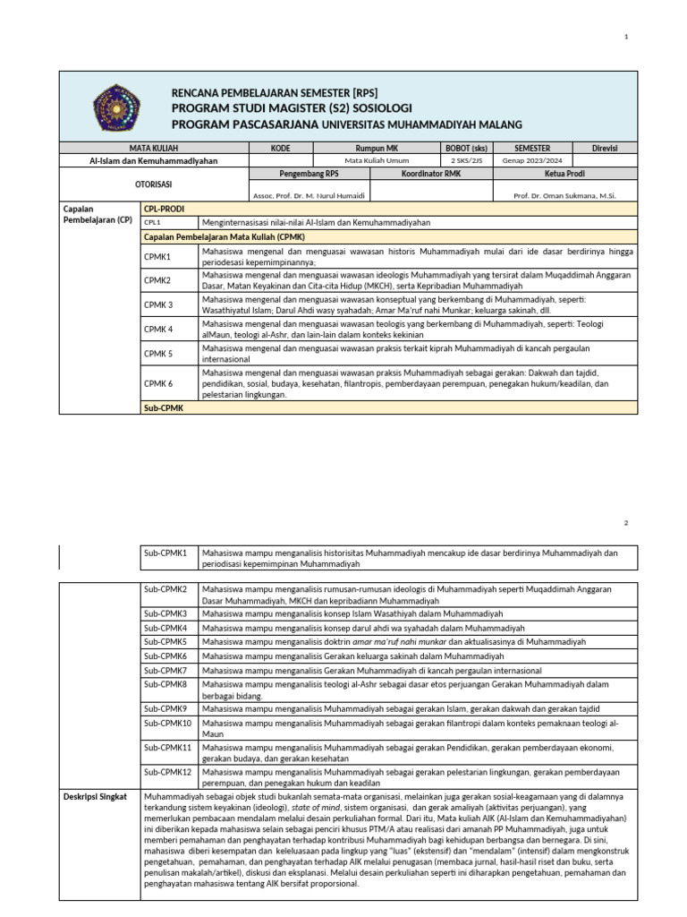 RPS S2 Sosiologi UMM: AIK | PDF | Karier & Perkembangan