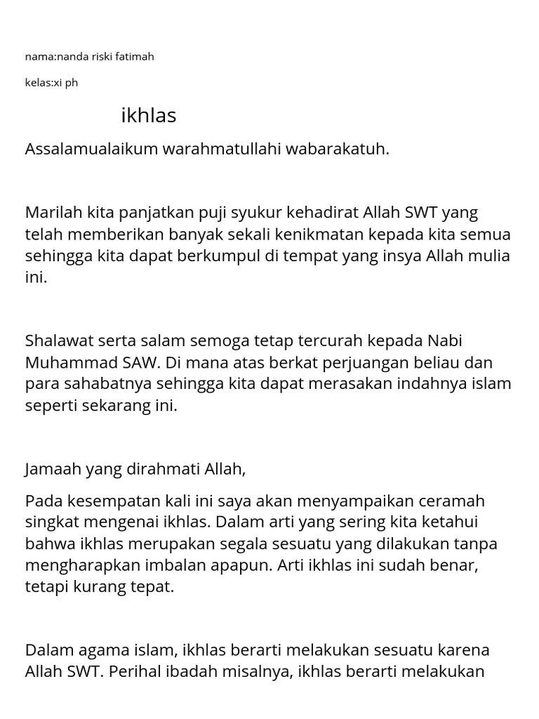 Pidato Islami Singkat Tentang Ikhlas PDF | PDF | Pengembangan Diri | Agama & Spiritualitas
