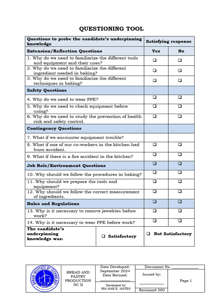Questioning Tool - Mateo | PDF | Baking | Personal Protective Equipment