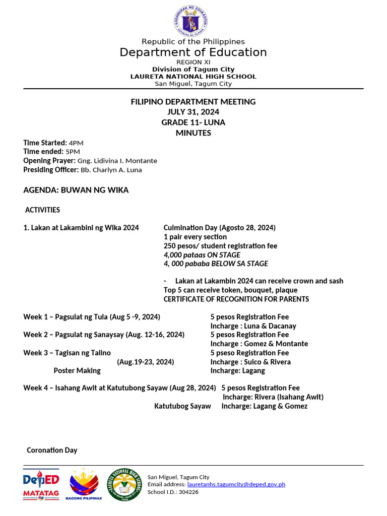 Minutes - Filipino Department Meeting July 31, 2024 | PDF | Philippines