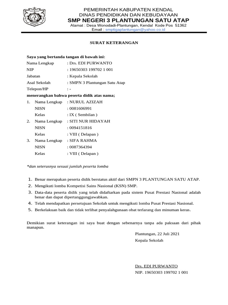 SURAT-KETERANGAN-SEKOLAH-KSN-SMP Fix | PDF | Pengembangan Diri