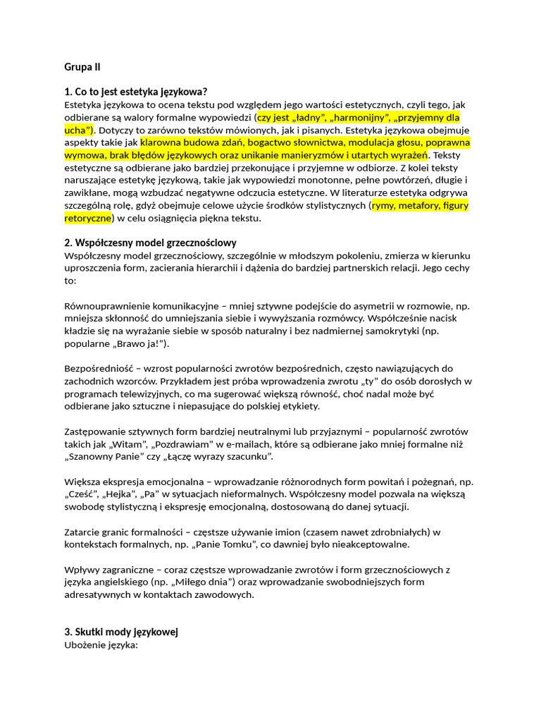 Zaliczenie Kultura Języka Grupa II | PDF