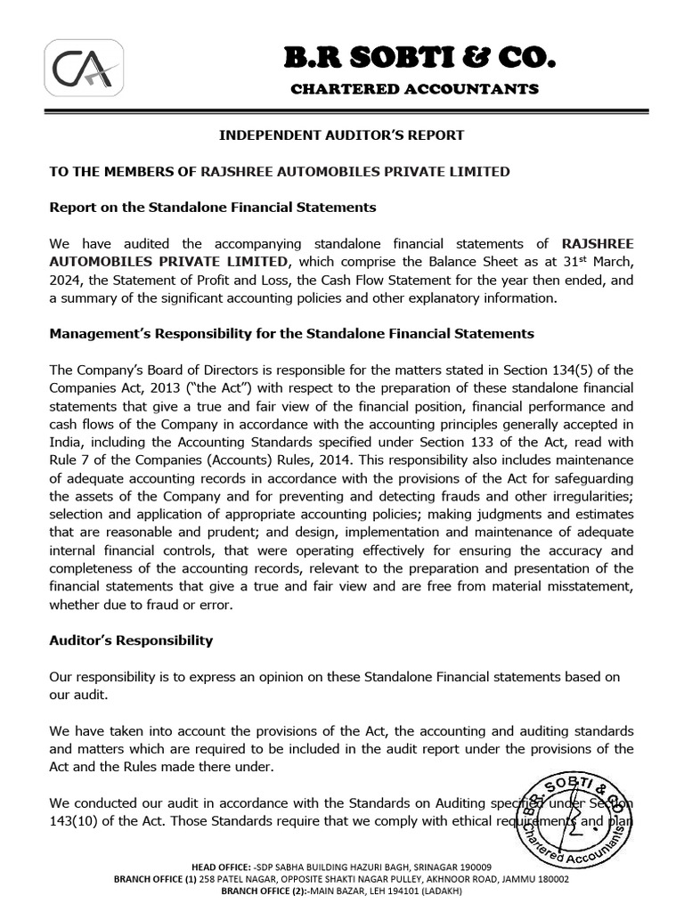 Auditor's Report for Rajshree Automobiles | PDF | Audit | Auditor's Report
