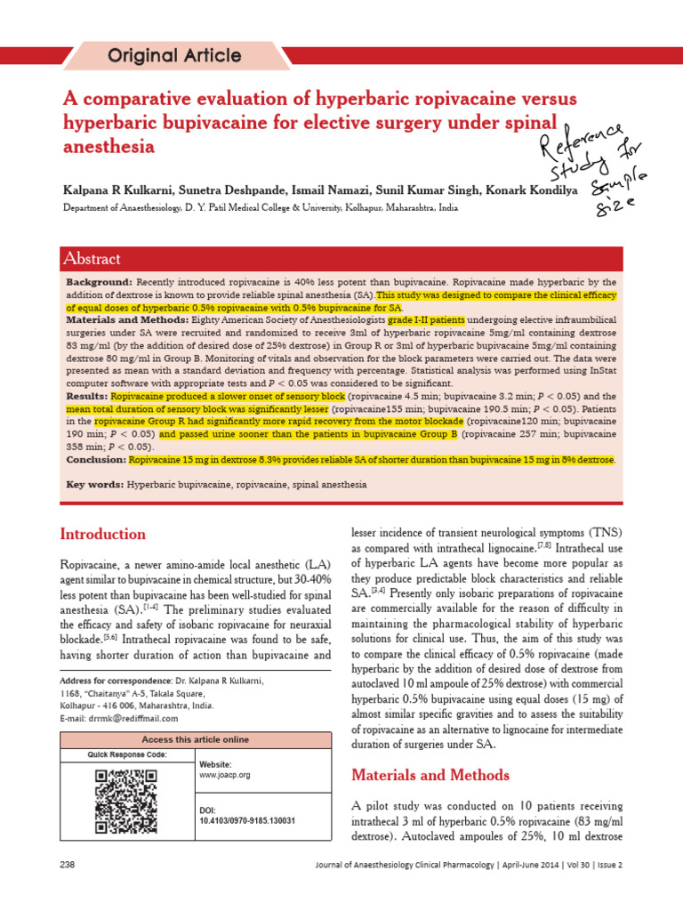 2014 A Comparative Evaluation of Hyperbaric Ropivacaine Versus ...