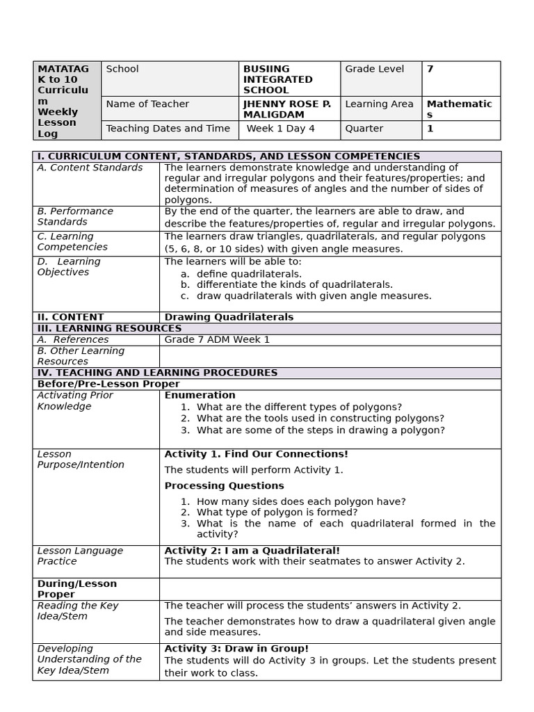Lesson Plan-Math7-Q1-Week1-Day4 | PDF | Curriculum | Learning