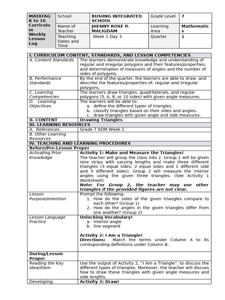 Lesson Plan-Math7-Q1-Week1-Day3 | PDF | Triangle | Curriculum