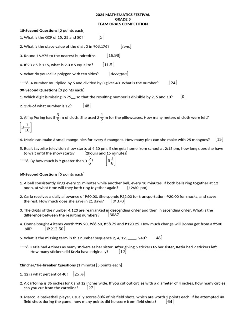 2024 Div Math Fest Grade 5 | PDF | Arithmetic | Mathematics