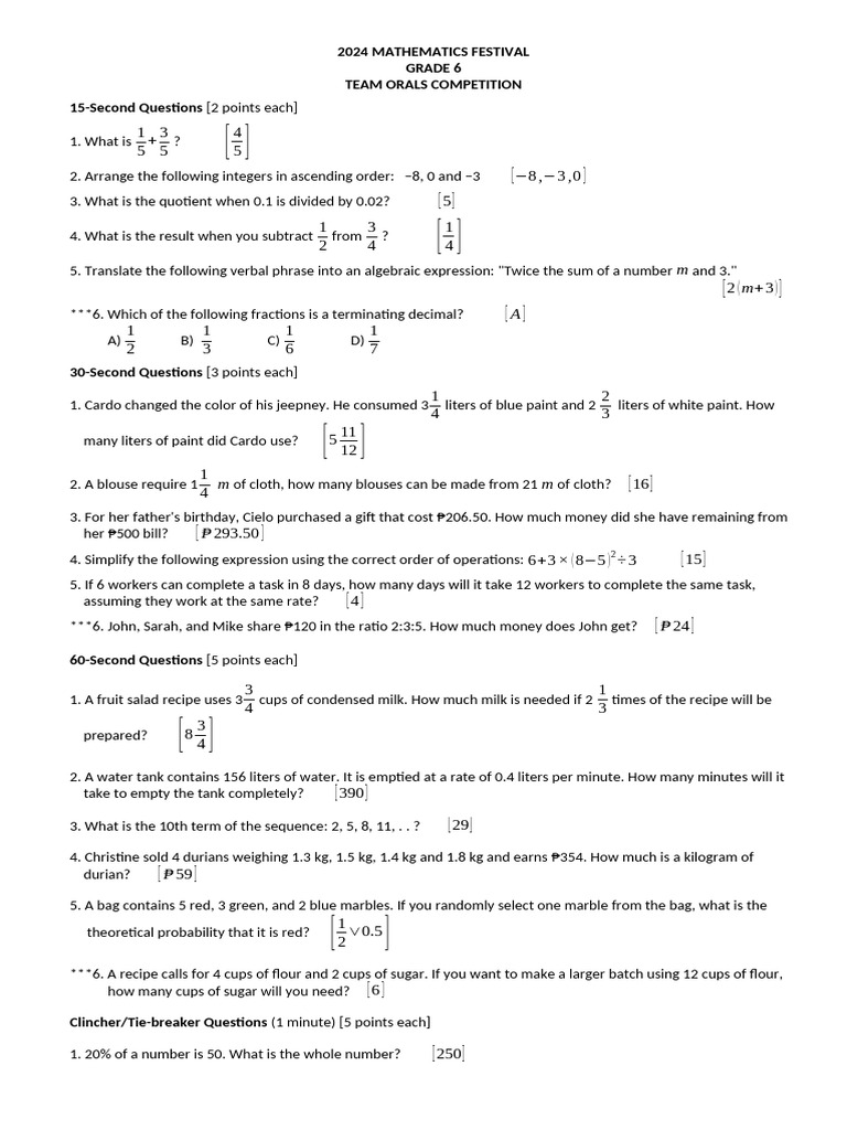 2024 Div Math Fest Grade 6 | PDF | Mathematics | Arithmetic