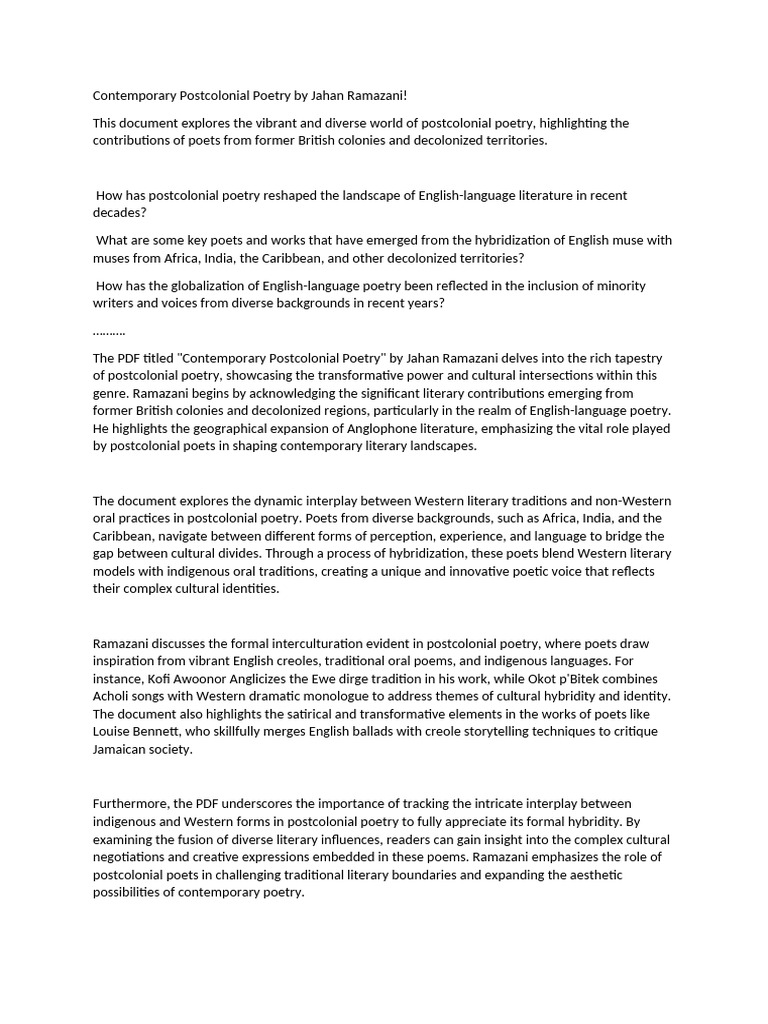 Jahan Ramazani on Postcolonial Poetry | PDF | Postcolonialism | Poetry