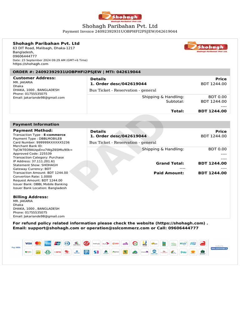 Shohagh Paribahan Bus Ticket Invoice | PDF | Payments | Financial Services