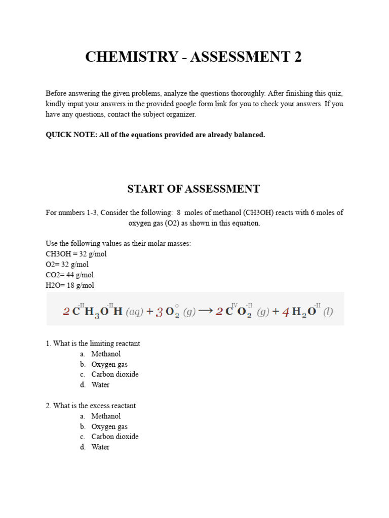 CHEMISTRY - ASSESSMENT 2 | PDF