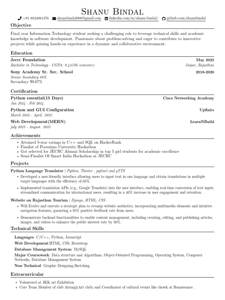 Shanu Bindal Resume | PDF | Web Development | Python (Programming Language)