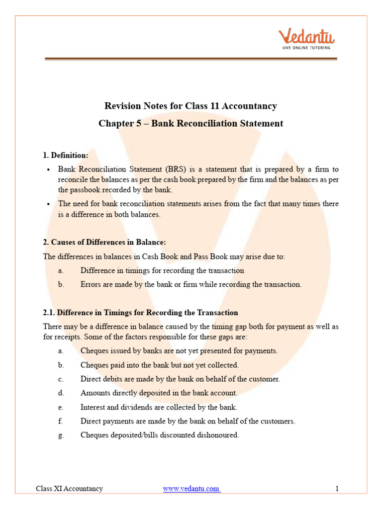 Class 11 Accountancy: BRS Guide | PDF | Banks | Cheque