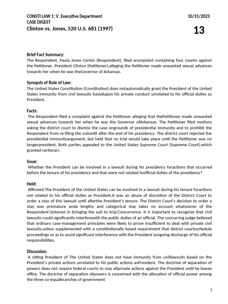 Clinton vs. Jones Case Digest Summary | PDF | Lawsuit | Public Law
