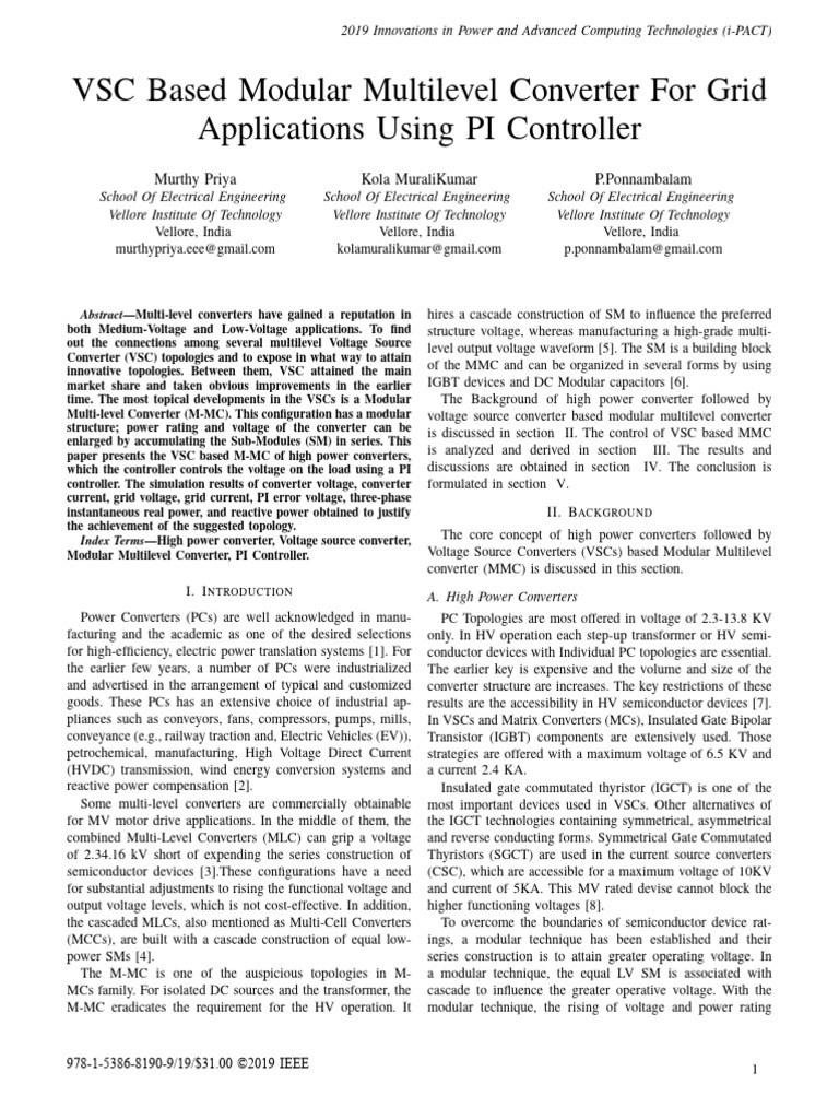 VSC Based Modular Multilevel Converter For Grid Applications Using PI Controller | PDF | High ...