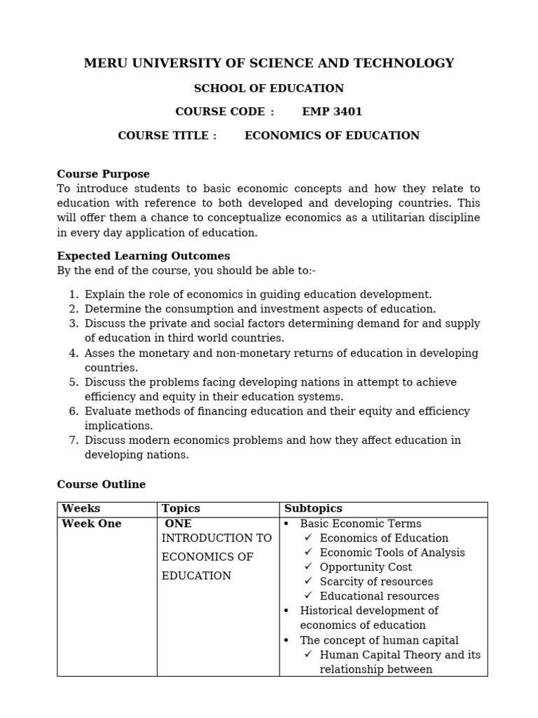 Economics of Education Course Overview | PDF | Economics | Economies