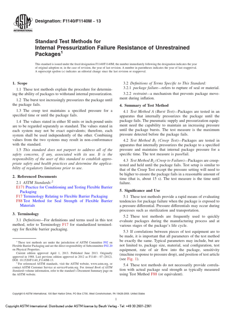 ASTM F 1140-13 - Standard Test Methods For Internal Pressurization ...