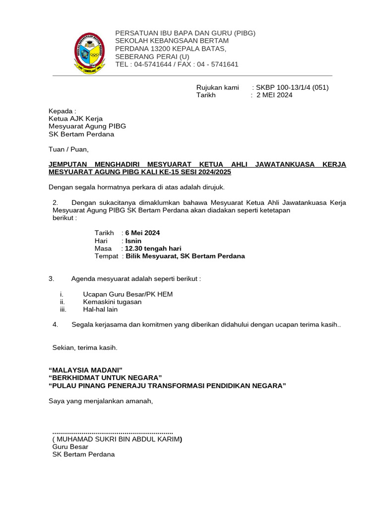 Surat Jemputan Mesyuarat Ketua AJK Kerja MAT Kemaskini | PDF