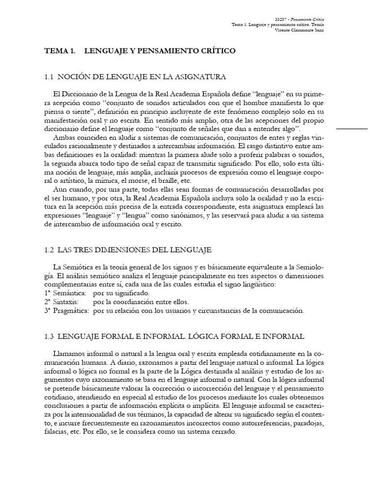PC. Tema 1. Lenguaje y Pensamiento Crítico. Teoría | PDF | Argumento ...