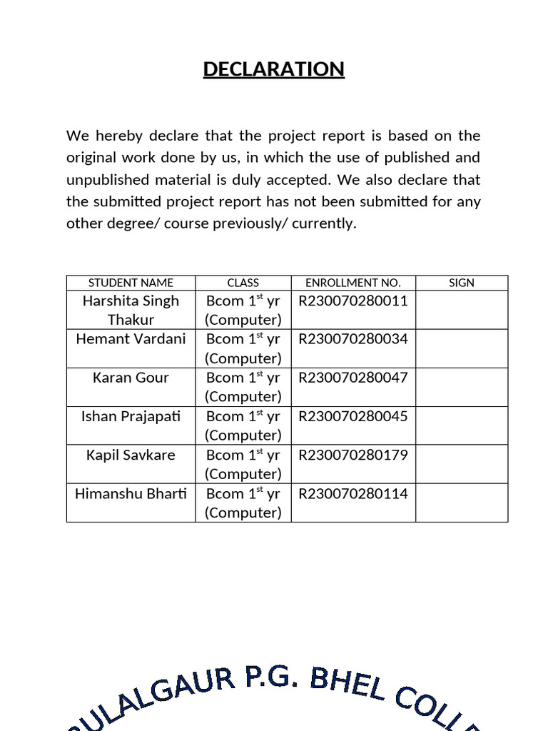 Project Declaration for E-Commerce Report | PDF