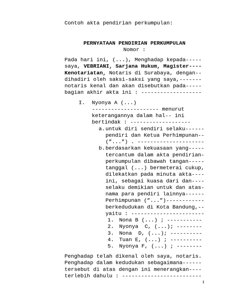 Contoh akta pendirian perkumpulan | PDF