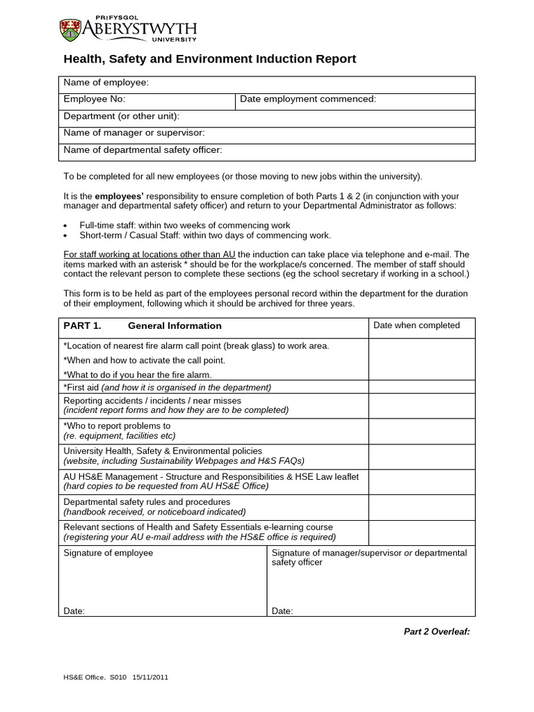 Induction form | PDF | Working Conditions | Workplace