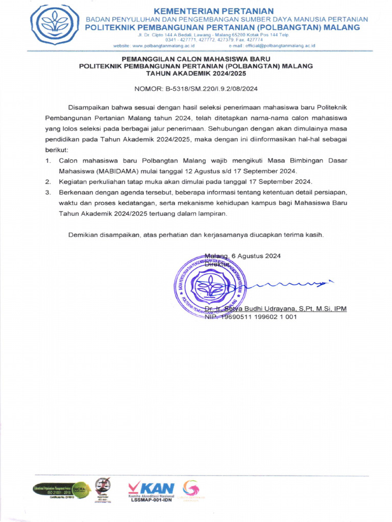 Surat Pemanggilan Mahasiswa Baru With TTD | PDF