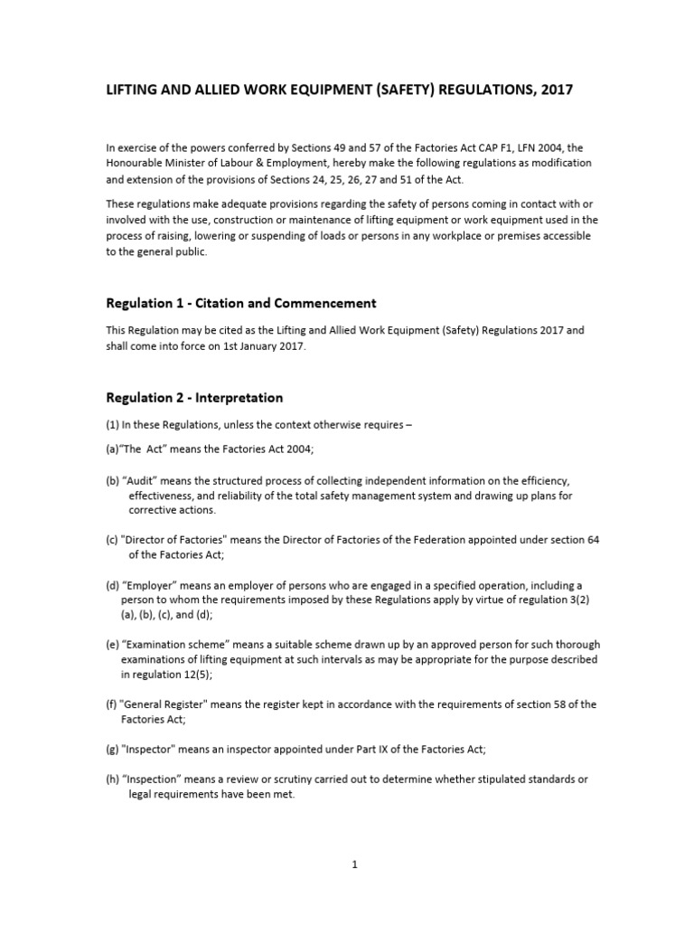 Lifting Equipment Safety Regulations 2017 | PDF | Crane (Machine ...