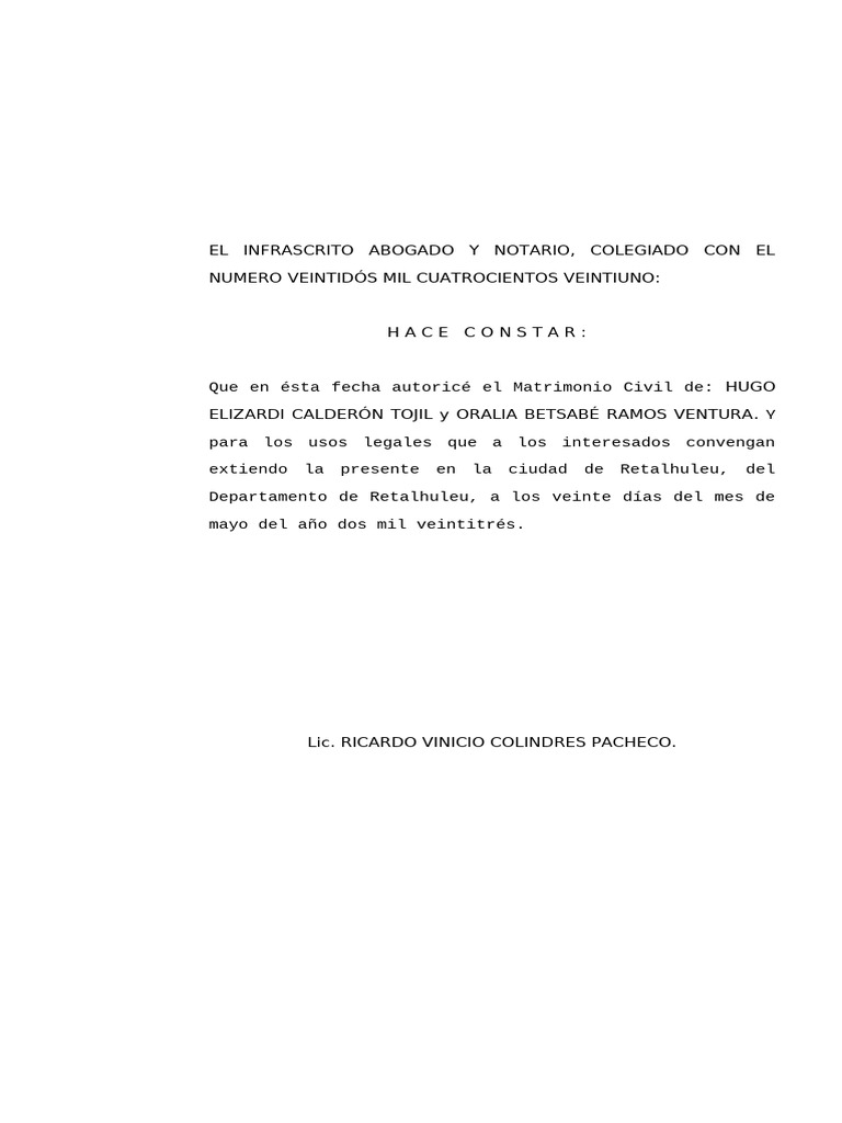 Matrimonio Civil en Retalhuleu 2023 | PDF
