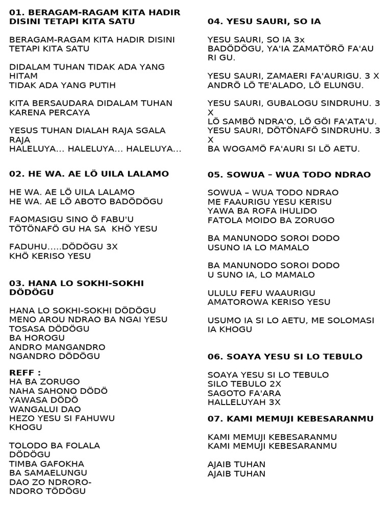 Lirik Lagu Rohani Nias dan Chord | PDF