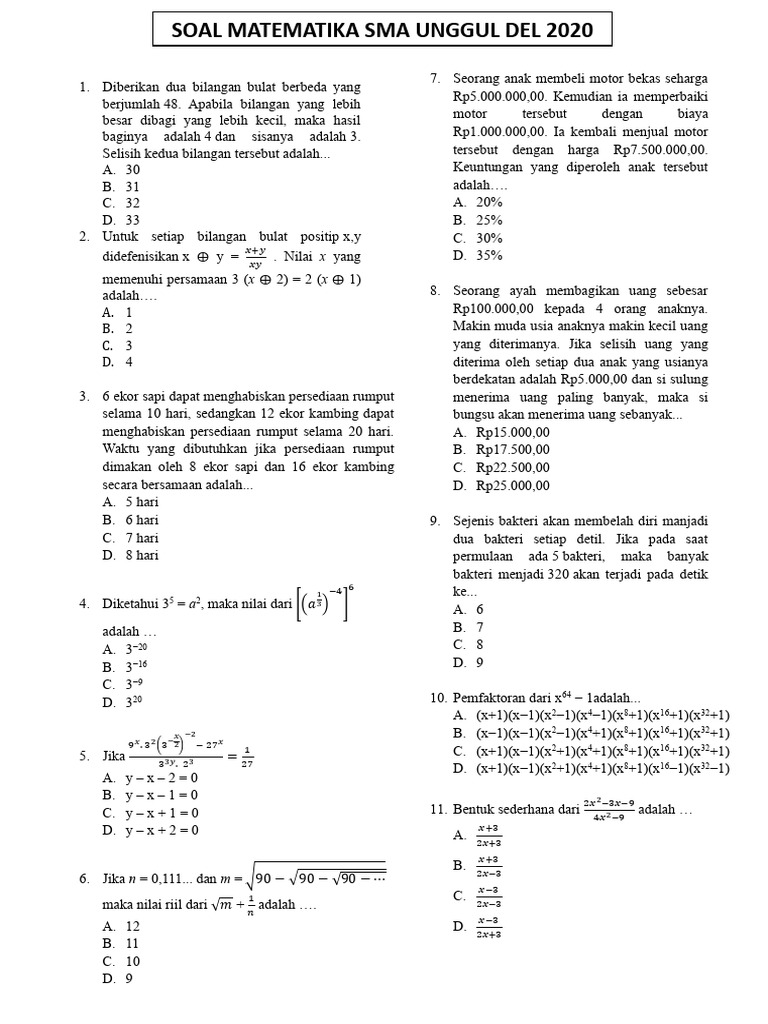 Soal Matematika Sma Unggul Del 2020 | PDF