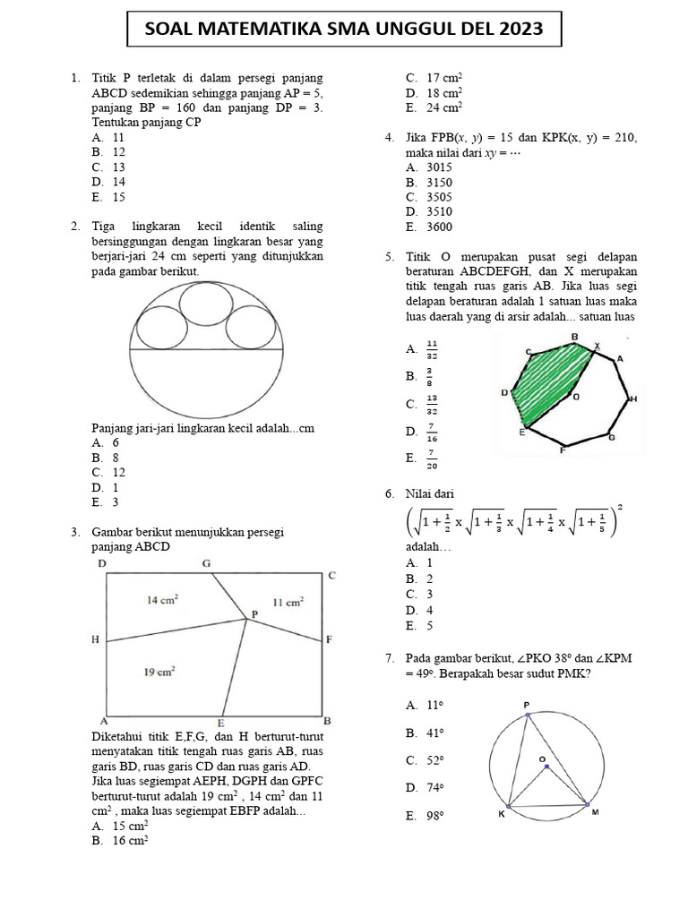Soal Matematika Sma Unggul Del 2023 | PDF
