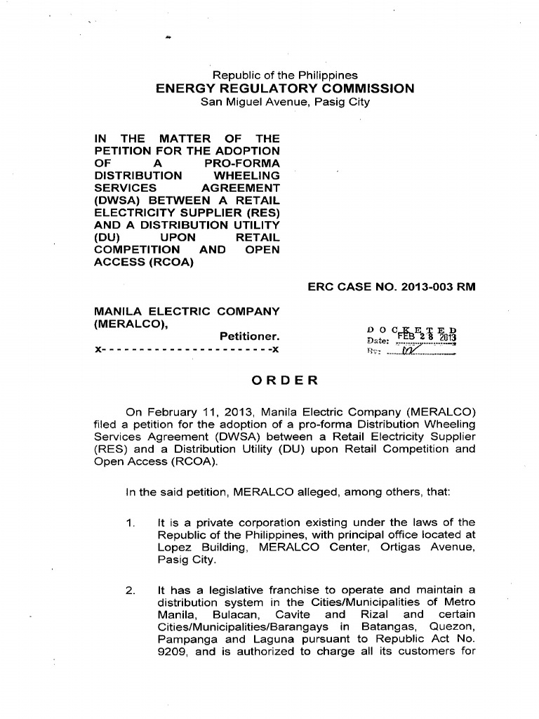 Order 2013-003RM MERALCO DWSA | PDF