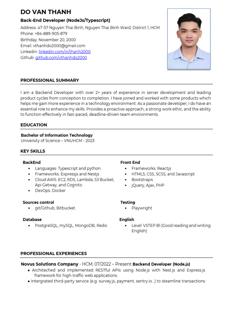 Resume BE Nodejs Dovanthanh English | PDF | Software Engineering | Computing