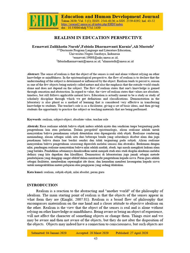 Realism in Education Perspective | PDF | Philosophical Realism | Reality