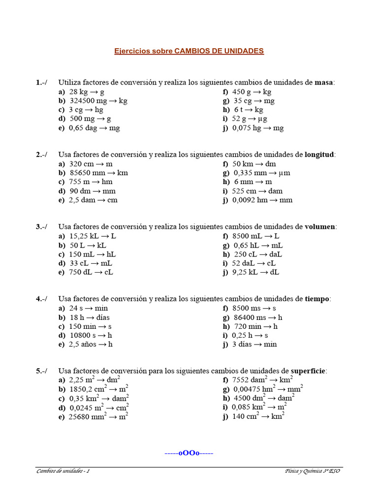Ejercicios Conversion | PDF | Unidades de medida | Metro