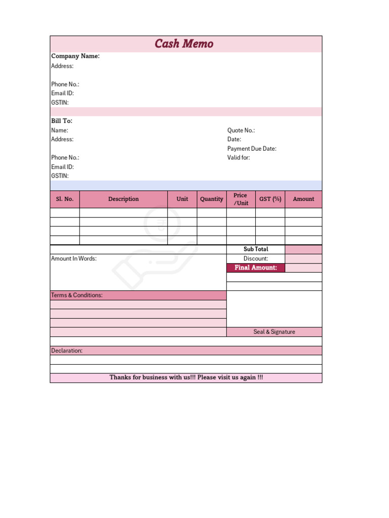 Cash Memo Bill Book Format 1 | PDF