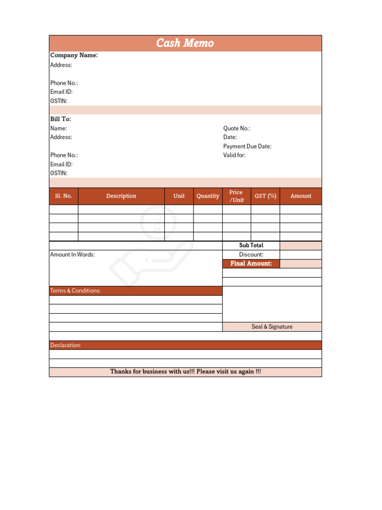 Cash Memo Bill Format Template | PDF