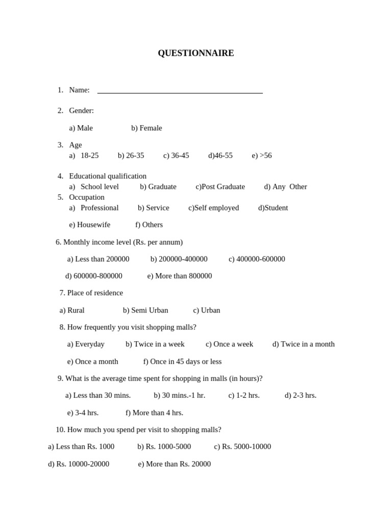 QUESTIONNAIRE Major Projet | PDF | Marketing | Economies